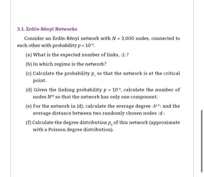 Solved 3.1. Erdős-Rényi Networks Consider an Erdős-Rényi | Chegg.com