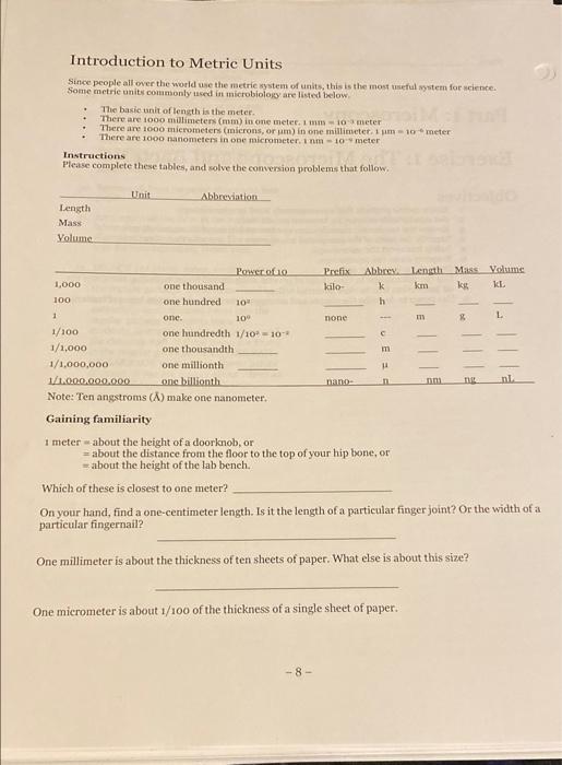 Solved Introduction to Metric Units Since people all over | Chegg.com