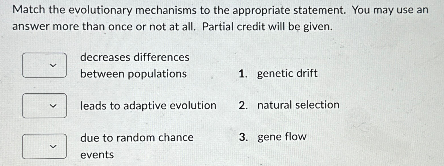 Solved Match the evolutionary mechanisms to the appropriate | Chegg.com
