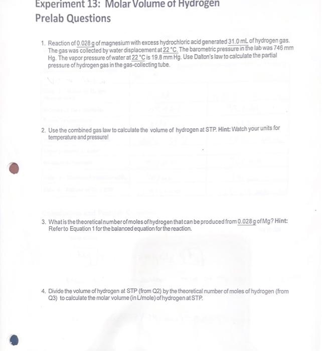 Experiment 13: Molar Volume of Hydrogen Prelab | Chegg.com