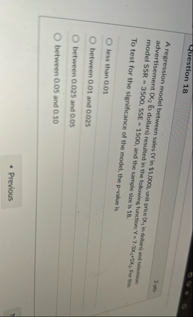 Solved Question 18A regression model between sales ( ﻿Y in | Chegg.com