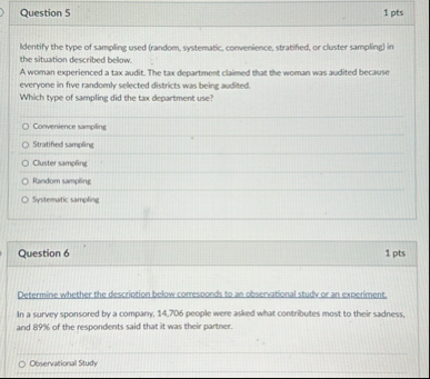 Solved Question 51 ﻿ptsIdentify the type of sampling used | Chegg.com