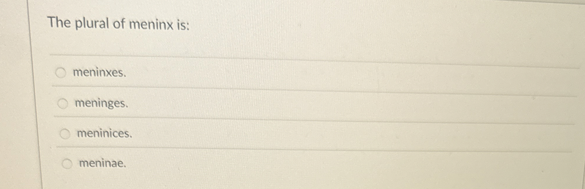 Solved The plural of meninx | Chegg.com