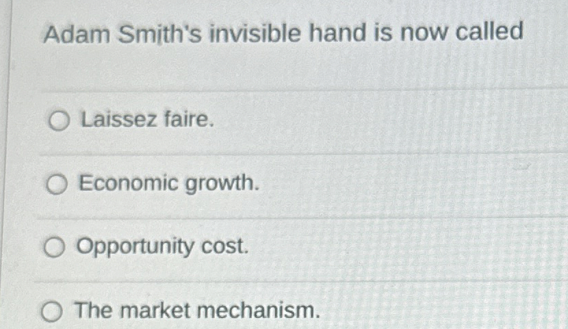Solved Adam Smith's invisible hand is now calledLaissez | Chegg.com