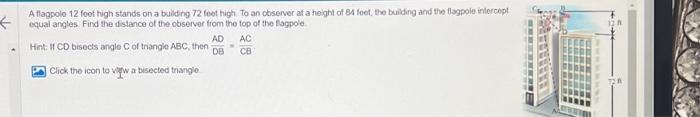 Solved A flagpole 12 feet high stands on a building 72 feet | Chegg.com