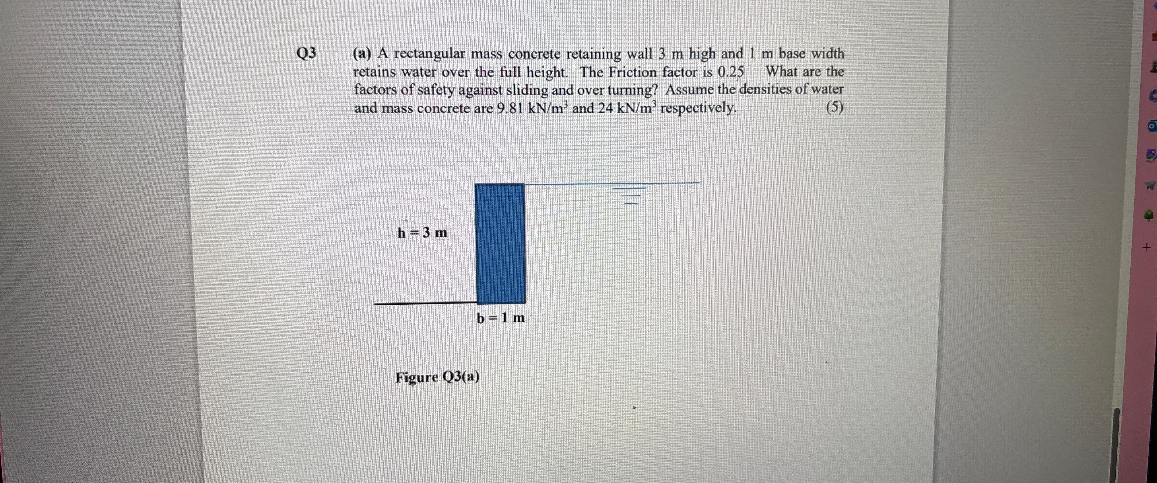 Solved Q3 ﻿A rectangular mass concrete retaining wall 3m | Chegg.com