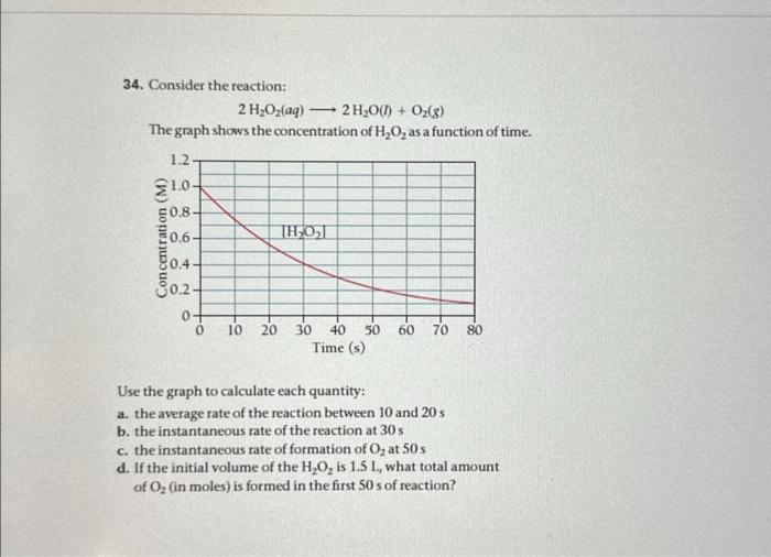 Solved 34. Consider the reaction: 2H2O2(aq) 2H2O(l)+O2(g) | Chegg.com
