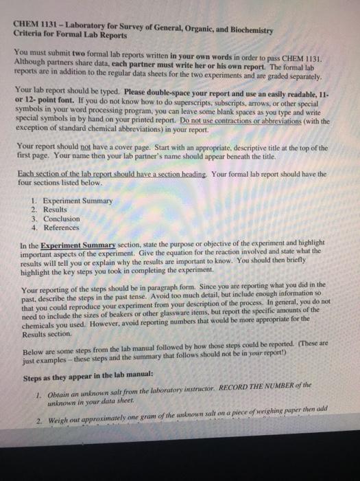 CHEM 1131 - Laboratory for Survey of General, | Chegg.com