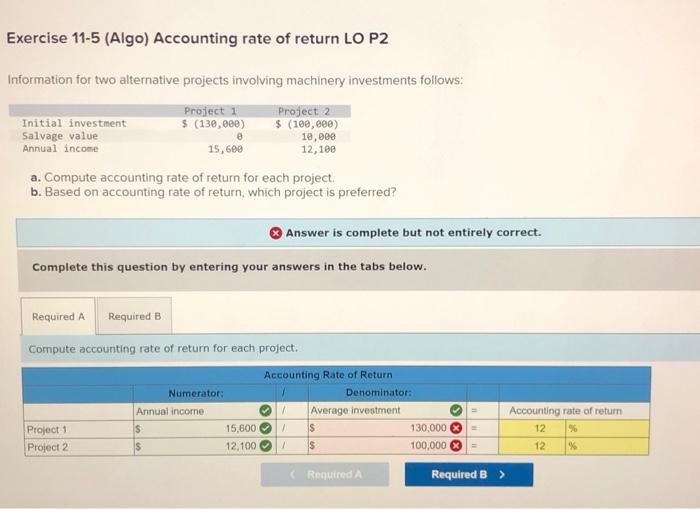Solved Exercise 11-5 (Algo) Accounting rate of return LO P2 | Chegg.com Solved Exercise 11-5 (Algo) Accounting rate of return LO P2 | Chegg.com