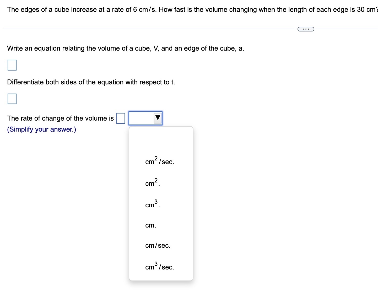 Solved The edges of a cube increase at a rate of 6cms. ﻿How | Chegg.com