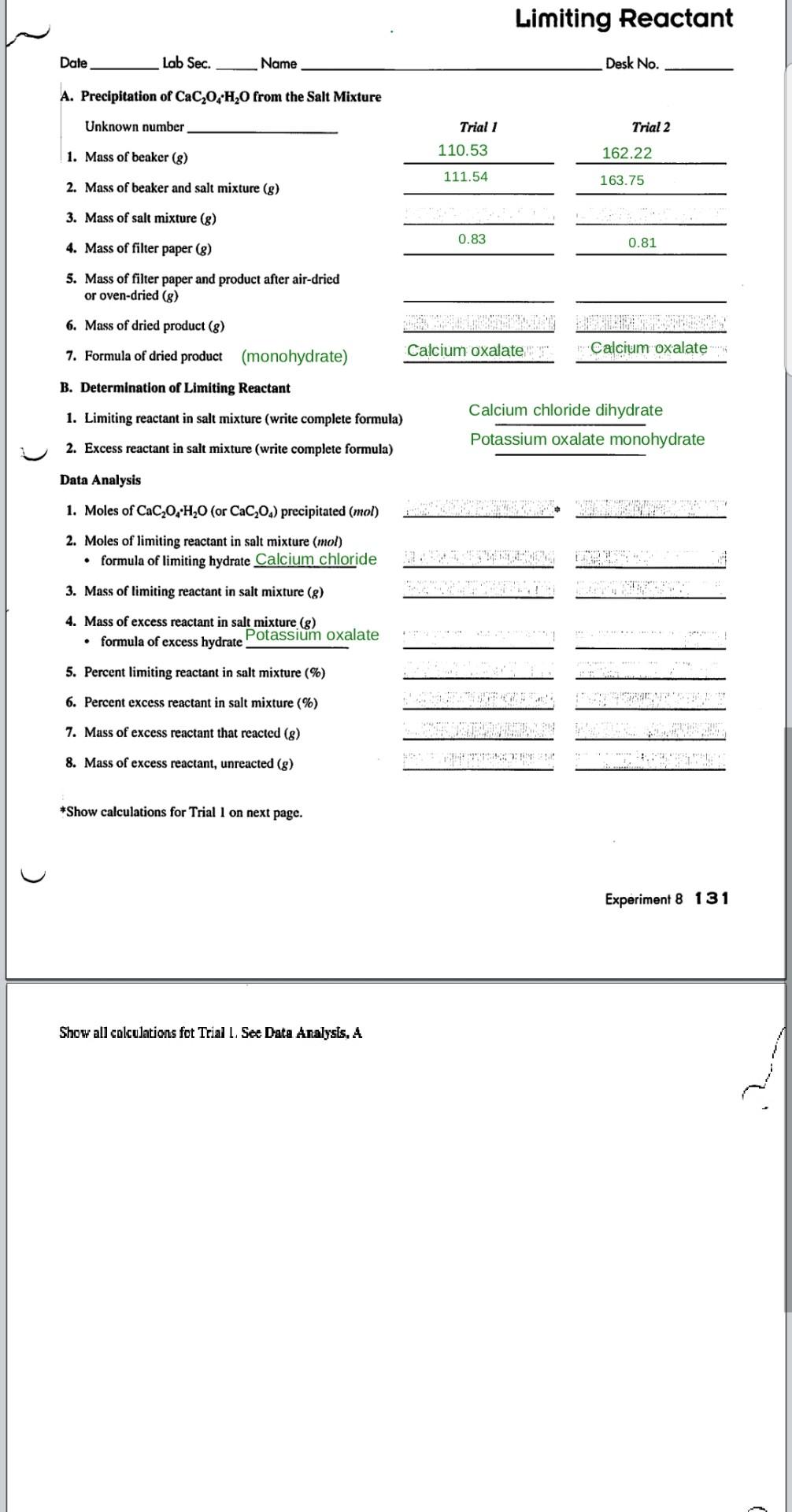 Solved Limiting Reactant Date Lab Sec. Name Desk No. A. | Chegg.com