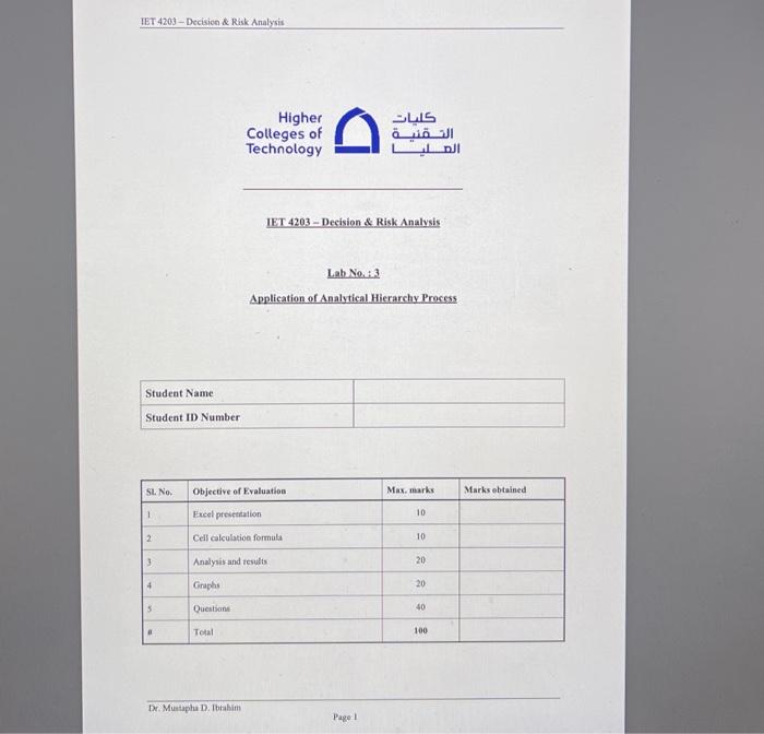 Solved LabN0:3 Application of Analytical Hierarchy Process | Chegg.com
