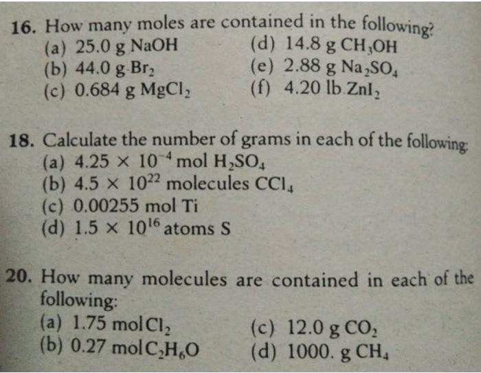 Solved 16. How many moles are contained in the following? | Chegg.com
