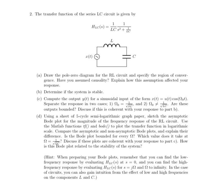 Solved 2. The transfer function of the series LC circuit is | Chegg.com
