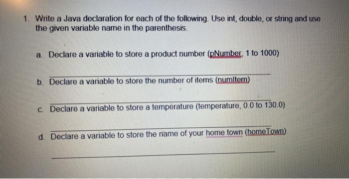 Solved 1. Write a Java declaration for each of the | Chegg.com