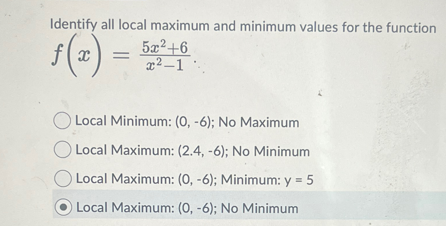 Solved Identify all local maximum and minimum values for the | Chegg.com