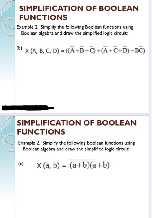 Solved SIMPLIFICATION OF BOOLEAN FUNCTIONS Example 2. | Chegg.com