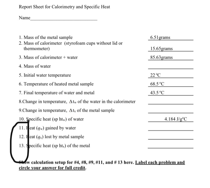 Solved Report Sheet for Calorimetry and Specific Heat Name | Chegg.com