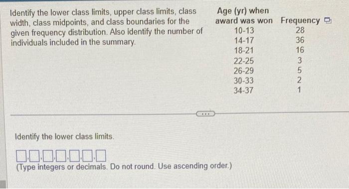 Solved Identify the lower class limits, upper class limits, | Chegg.com