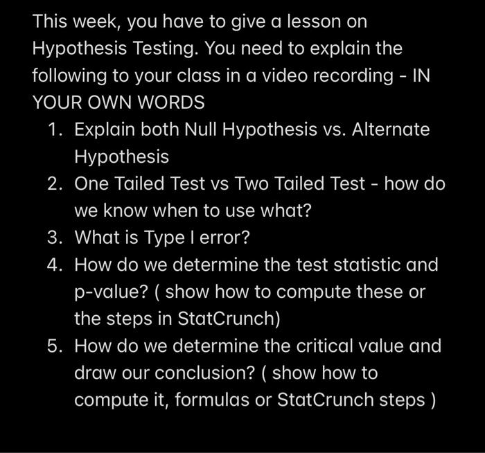 Solved This week, you have to give a lesson on Hypothesis | Chegg.com