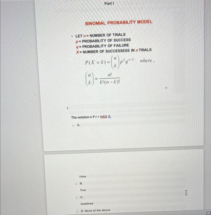 Solved BINOMIAL PROBABILITY MODEL - LET n= NUMBER OF TRIALS | Chegg.com