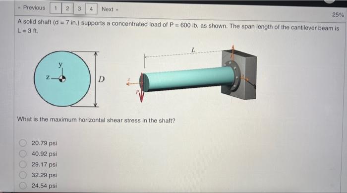 Solved A solid shaft ( d=7 in.) supports a concentrated load | Chegg.com