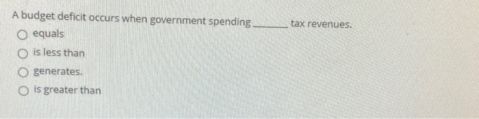 Solved A budget deficit occurs if government spending: Is | Chegg.com