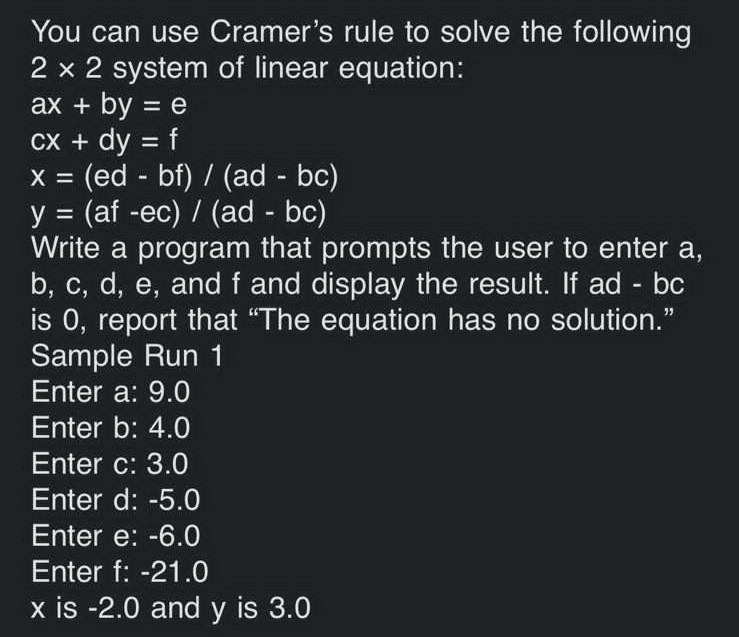 Solved You can use Cramer's rule to solve the following 2×2 | Chegg.com