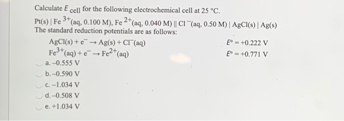 Solved Calculate E cell for the following electrochemical | Chegg.com