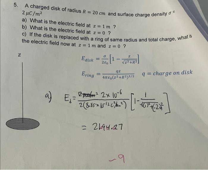 Solved 5. A charged disk of radius R=20 cm and surface | Chegg.com