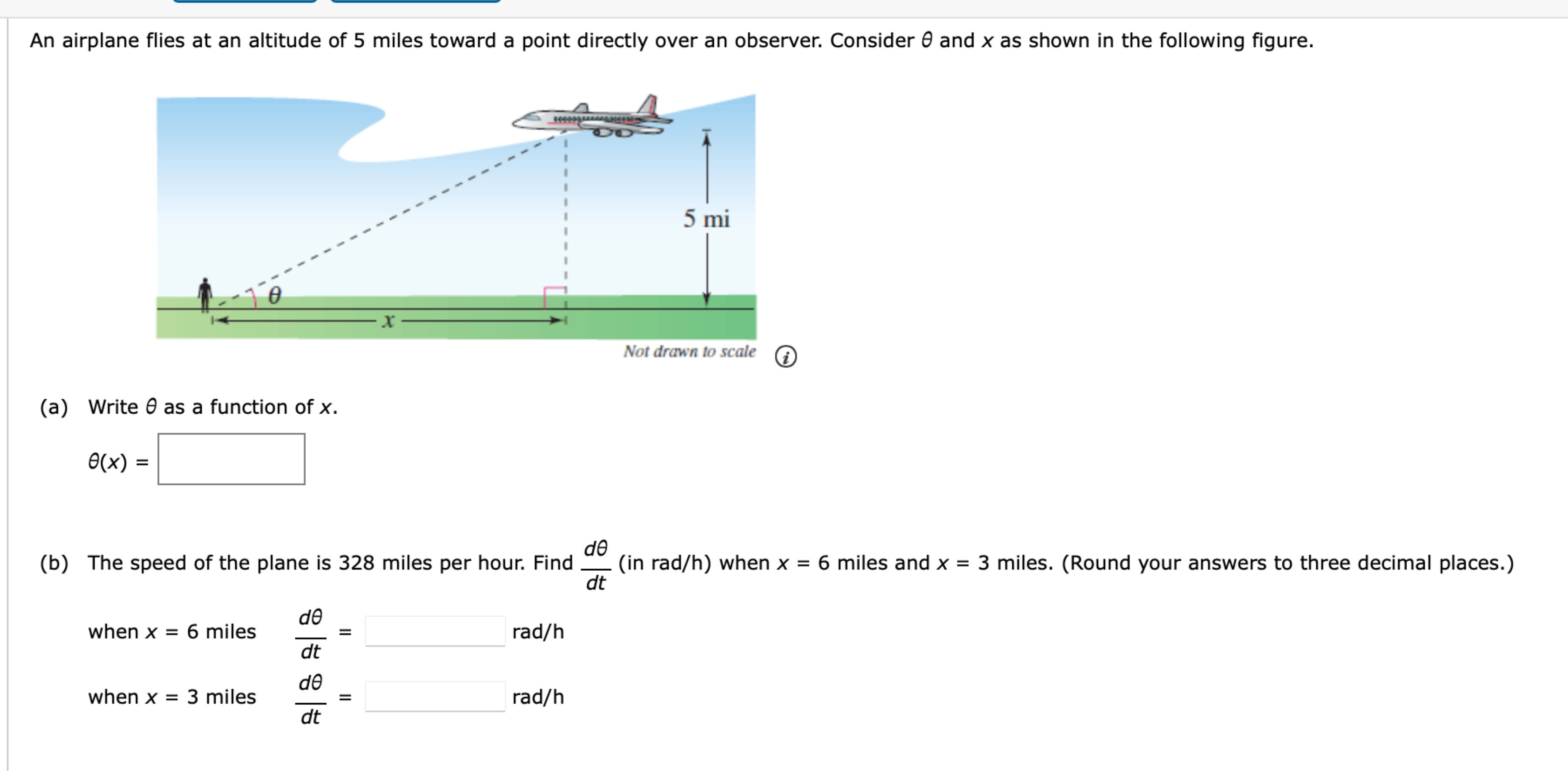 Solved An airplane flies at an altitude of 5 ﻿miles toward a | Chegg.com