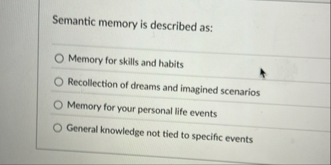 Solved Semantic memory is described as:Memory for skills and | Chegg.com