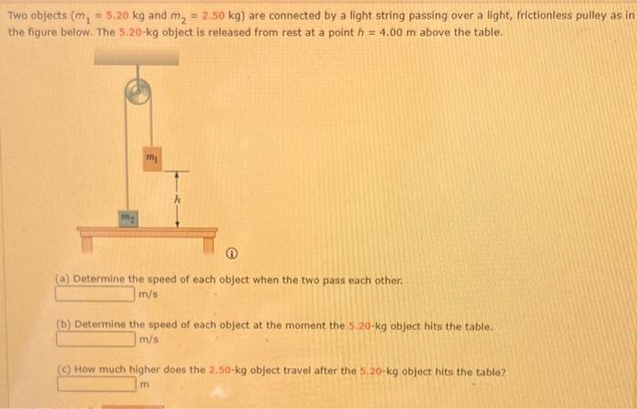 Solved Two objects (m1=5.20 kg and m2=2.50 kg) are connected | Chegg.com