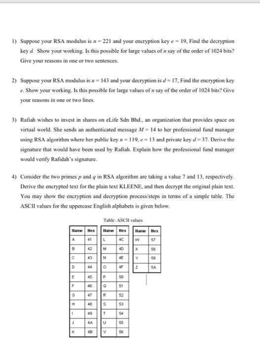 Solved 1) Suppose your RSA modulus is n=221 and your | Chegg.com