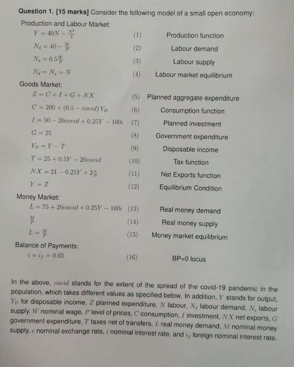Solved Question 1. [15 marks] Consider the following model | Chegg.com