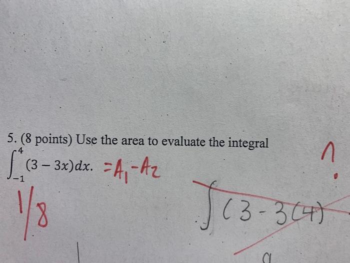Solved 5. (8 points) Use the area to evaluate the integral | Chegg.com