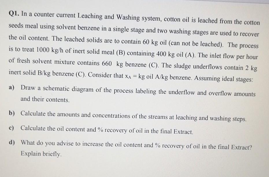 Solved Q1. In a counter current Leaching and Washing system, | Chegg.com