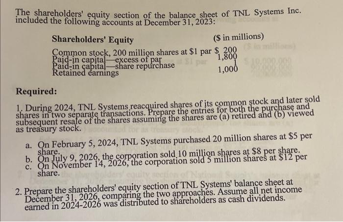 Solved The shareholders' equity section of the balance sheet | Chegg.com