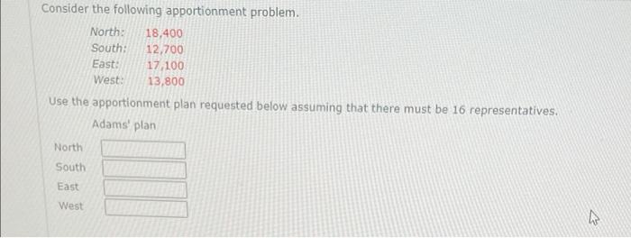 Solved Consider the following apportionment problem. North: | Chegg.com