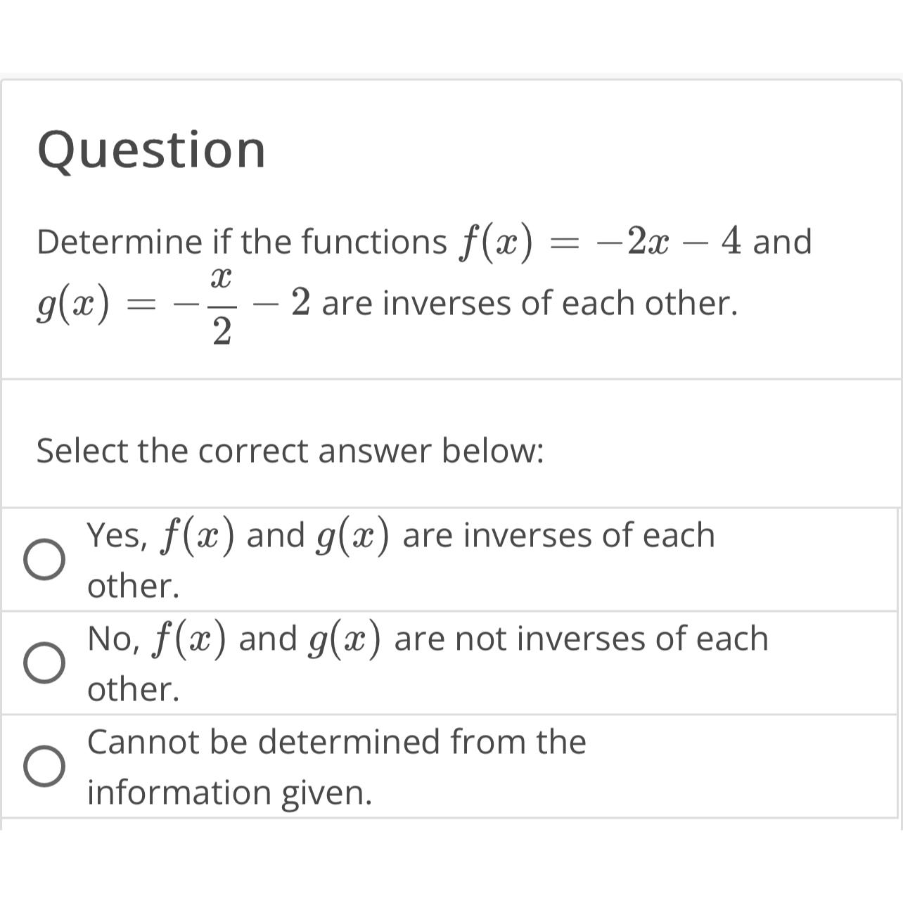 Solved QuestionDetermine if the functions f(x)=-2x-4 ﻿and | Chegg.com