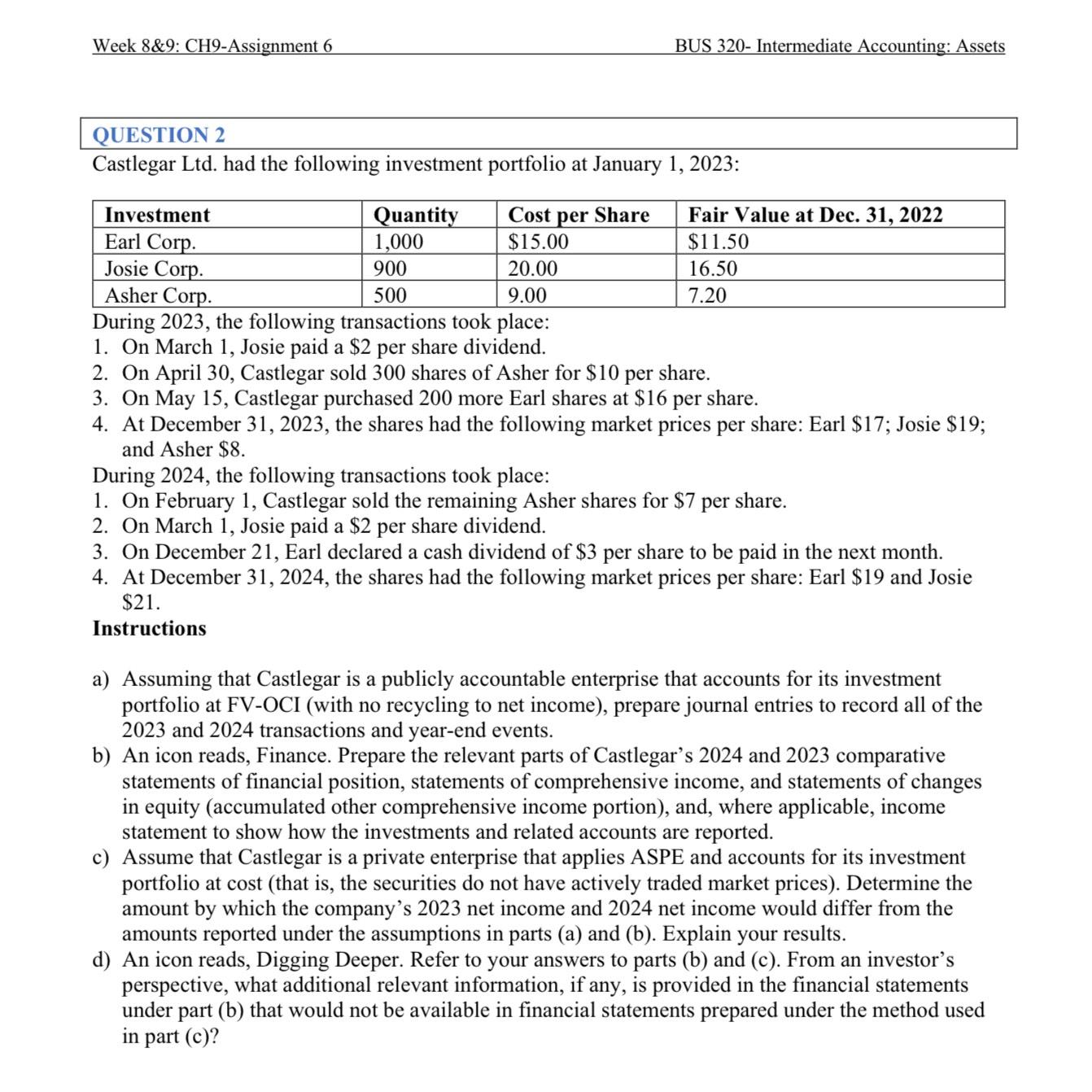 Solved Week 8&9: CH9-Assignment 6BUS 320- ﻿Intermediate | Chegg.com