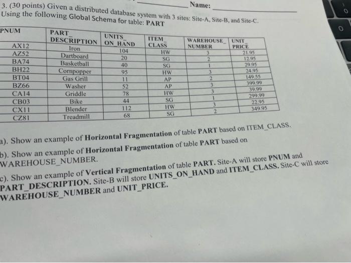 Solved 3. (30 points) Given a distributed database system | Chegg.com