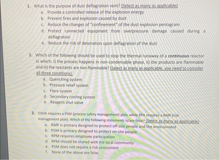 Solved 1. What is the purpose of dust deflagration vent? | Chegg.com