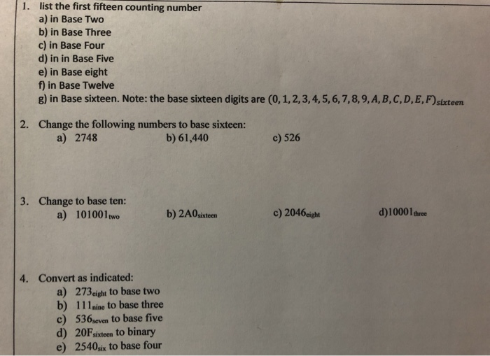 Solved 1. list the first fifteen counting number a) in Base | Chegg.com