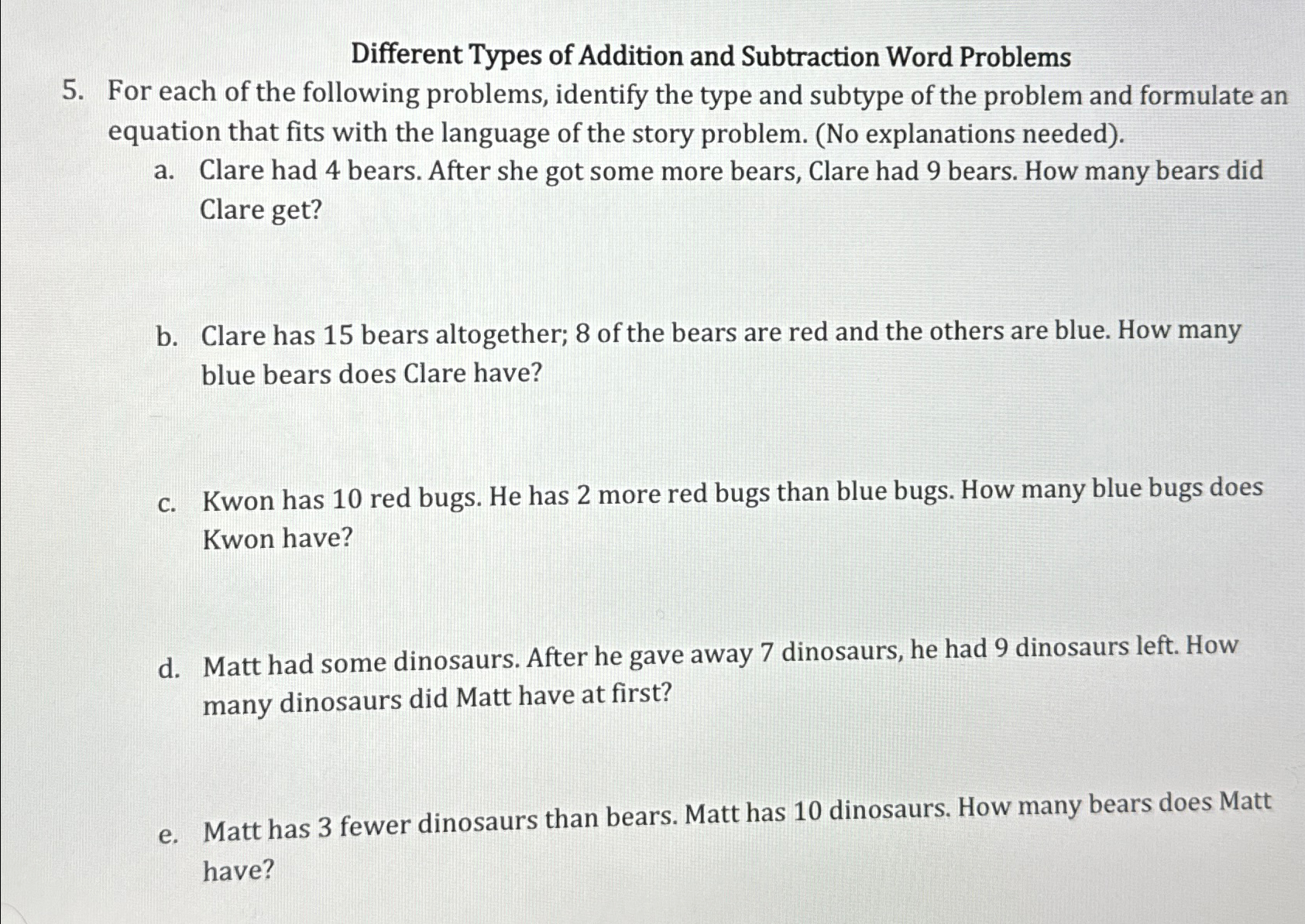 Solved Different Types of Addition and Subtraction Word | Chegg.com