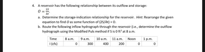 4. A reservoir has the following relationship between | Chegg.com