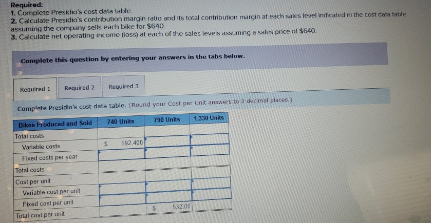 Solved Required: 1. Complete Presidio's cost data table. 2. | Chegg.com