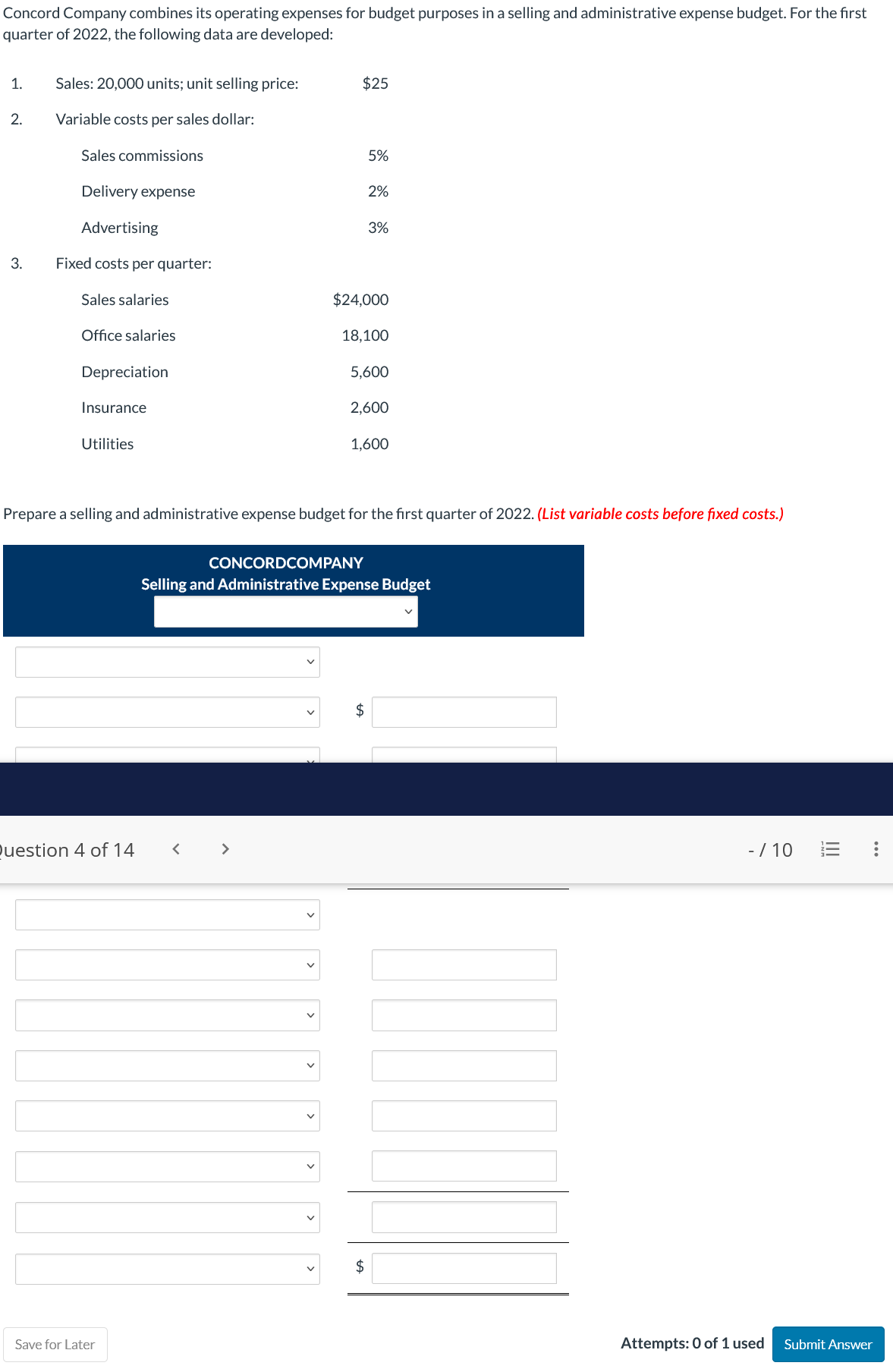 Solved Concord Company combines its operating expenses for | Chegg.com