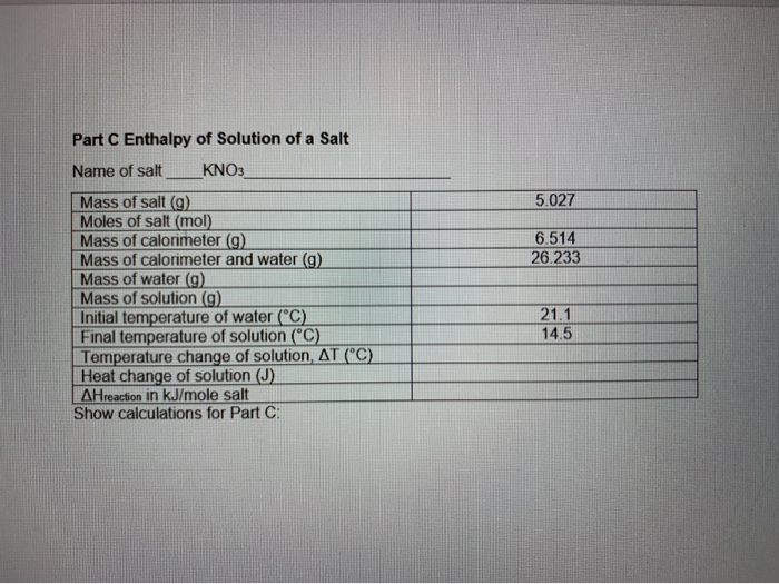 Solved Part C Enthalpy of Solution of a Salt Name of salt | Chegg.com