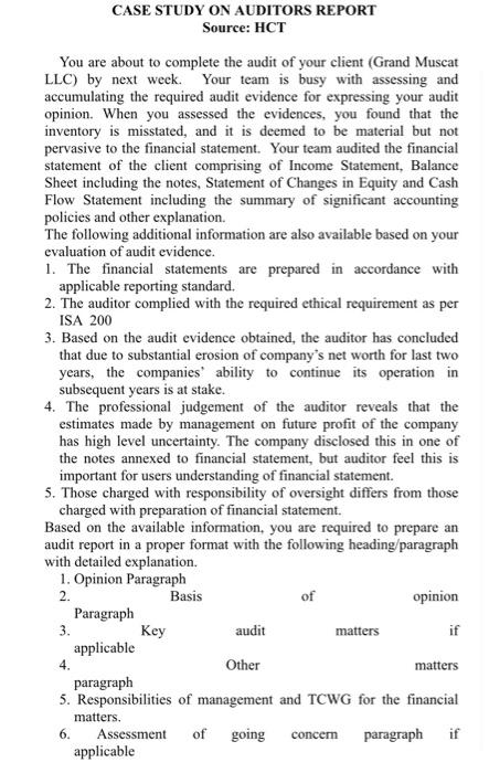 Solved CASE STUDY ON AUDITORS REPORT Source: HCT You are | Chegg.com